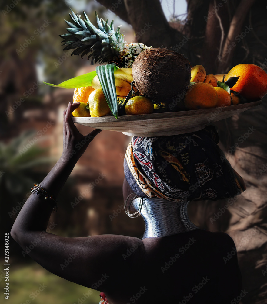 travel photography, african black woman portrait in ethnic dress rear ...