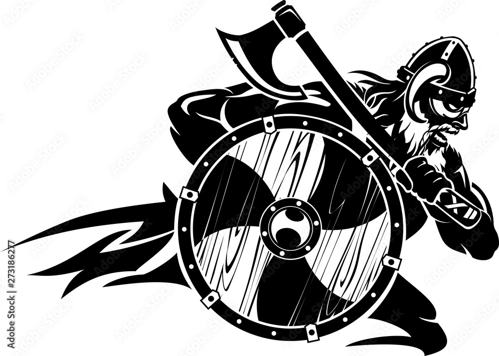 Viking Charging with Battle Axe and Wooden Shield Stock Vector | Adobe ...