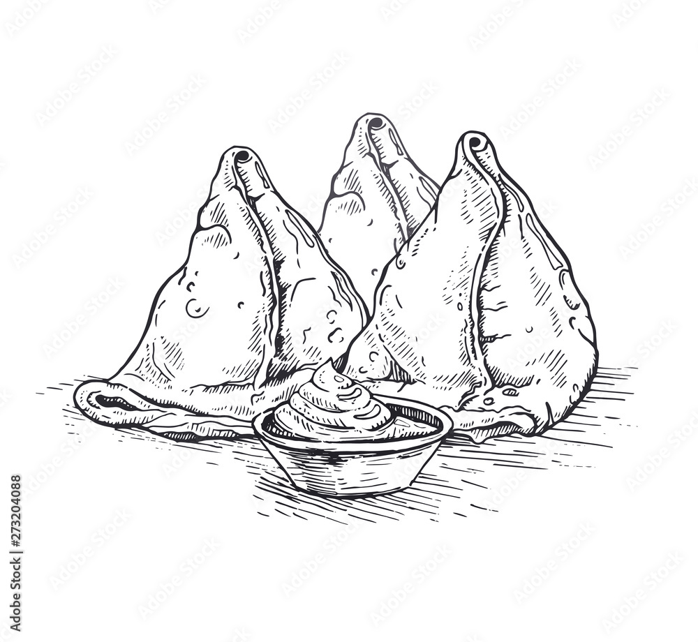 Illustration Asian food. Vegetarian samsa (samosas) with tomato sauce. Sketch.Indian cuisine ...
