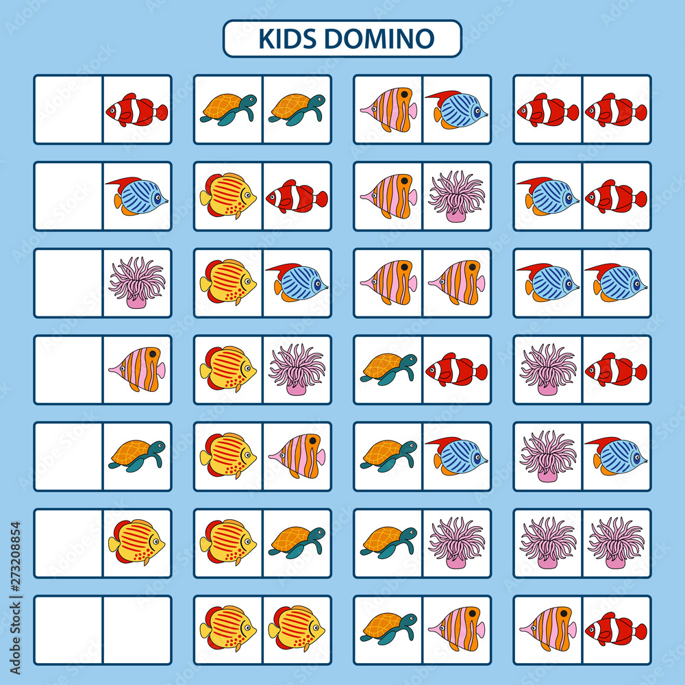 Children's dominoes on the sea animals and fish theme. Children ...