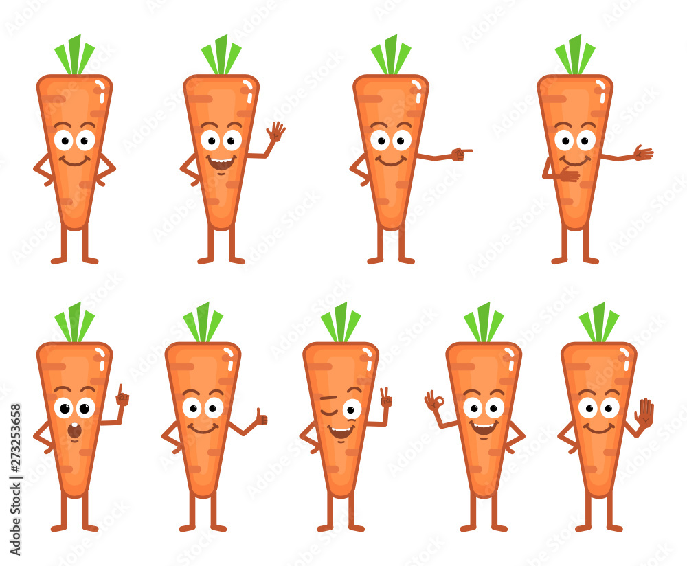 Vector illustration of a cartoon carrot character showing different ...