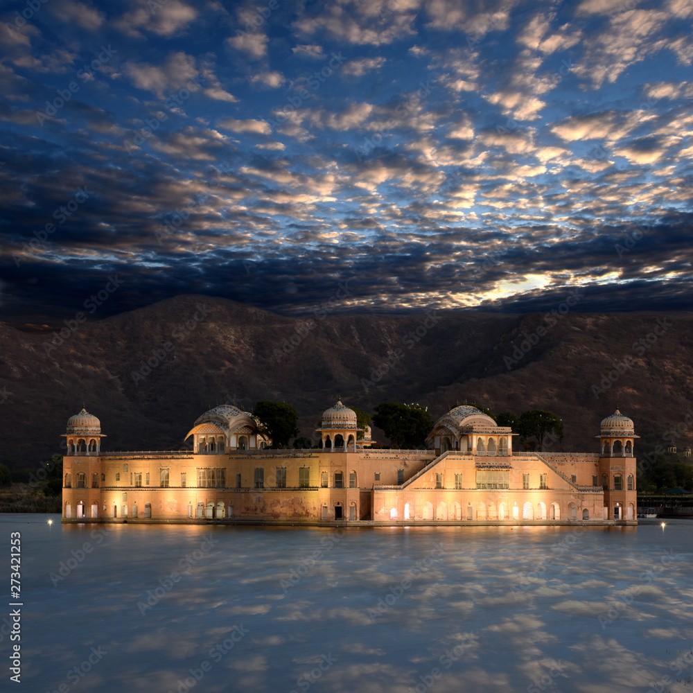 illuminated night view of Jal Mahal 'Water Palace' is an architectural ...