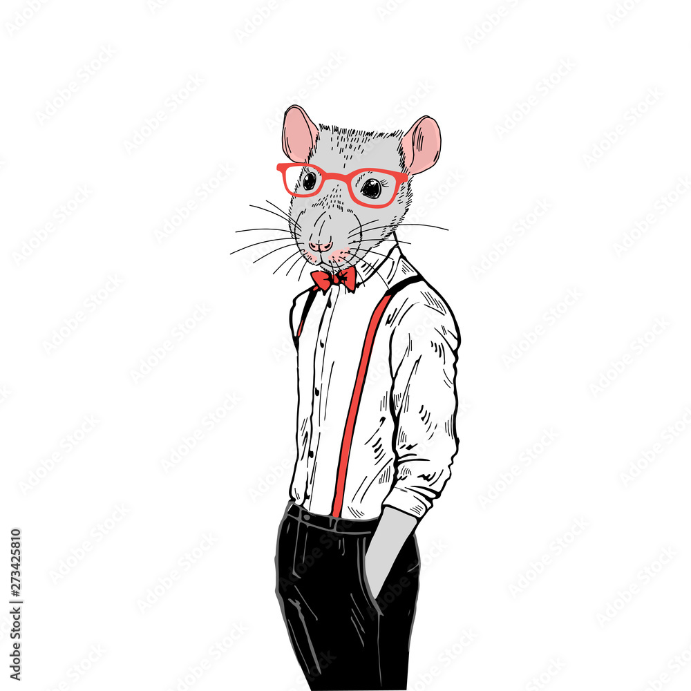 Humanized rat man hipster dressed up in classy style. Hand drawn vector ...