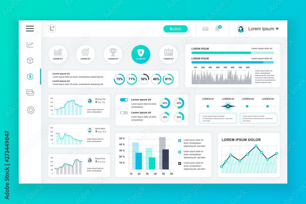 Dashboard admin panel vector design template with infographic elements ...