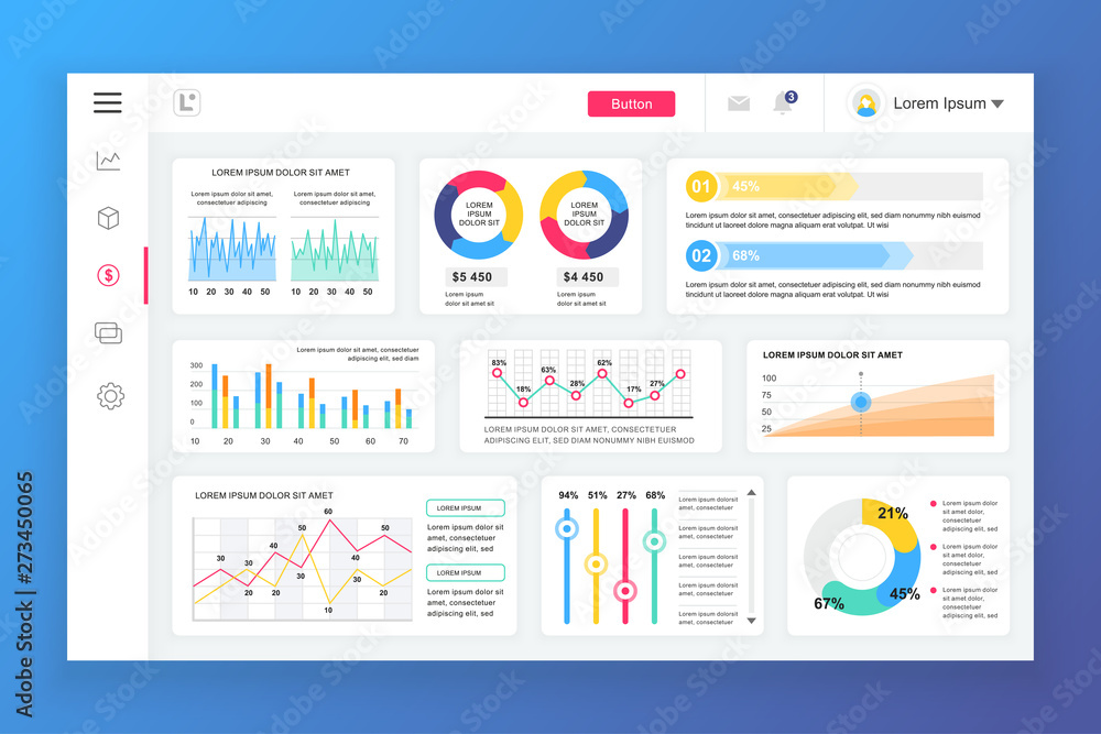 Dashboard admin panel vector design template with infographic elements ...