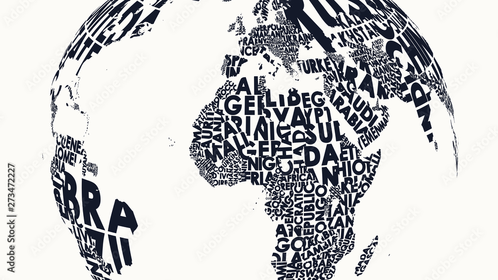 Typographic illustration of a world map with names of countries on a ...