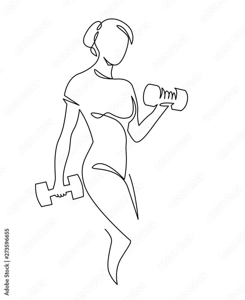 Woman lifting weights continuous one line drawing. Female bodybuilder ...
