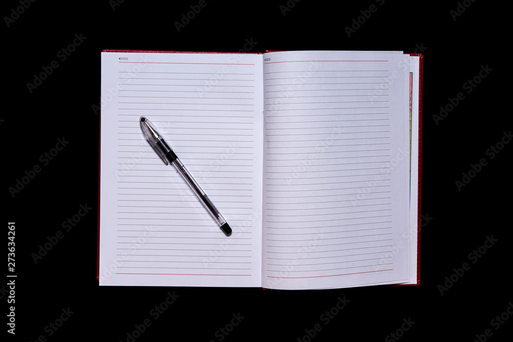 The diary with blank pages in the centre of the frame and a pen on top ...