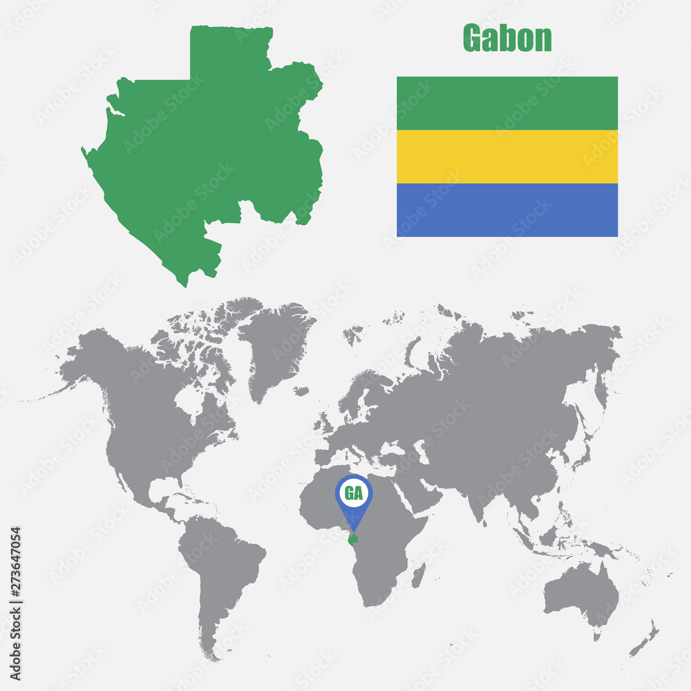 Gabon map on a world map with flag and map pointer. Vector illustration ...