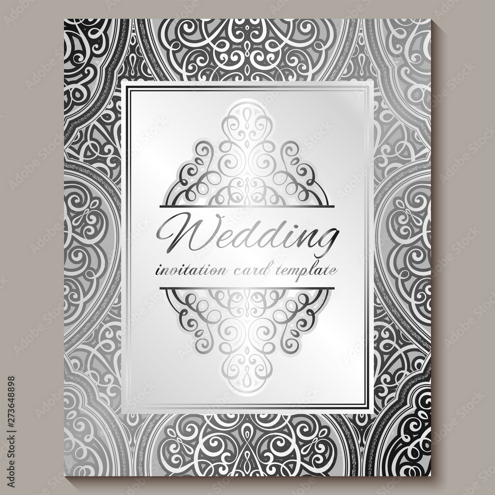 Wedding invitation card with silver shiny eastern and baroque rich ...