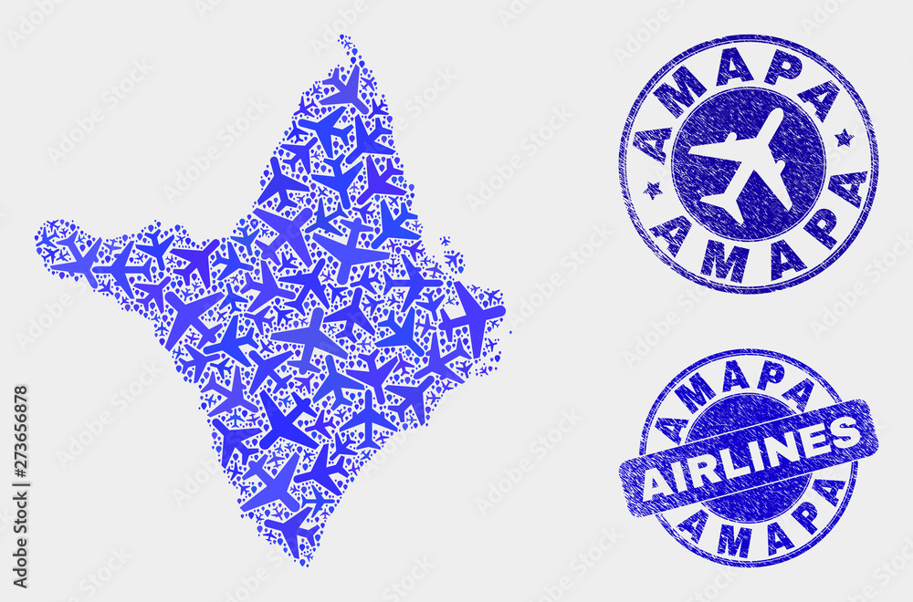 Airplane vector Amapa state map collage and scratched seals. Abstract ...