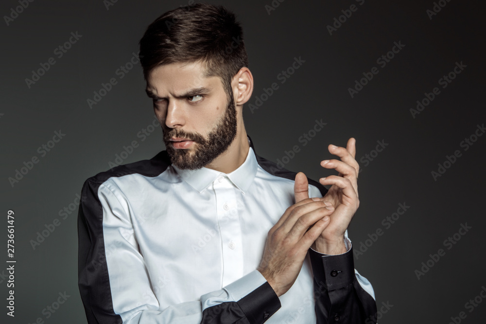 Muscle strong bearded face beautiful stripped male model in formal look ...