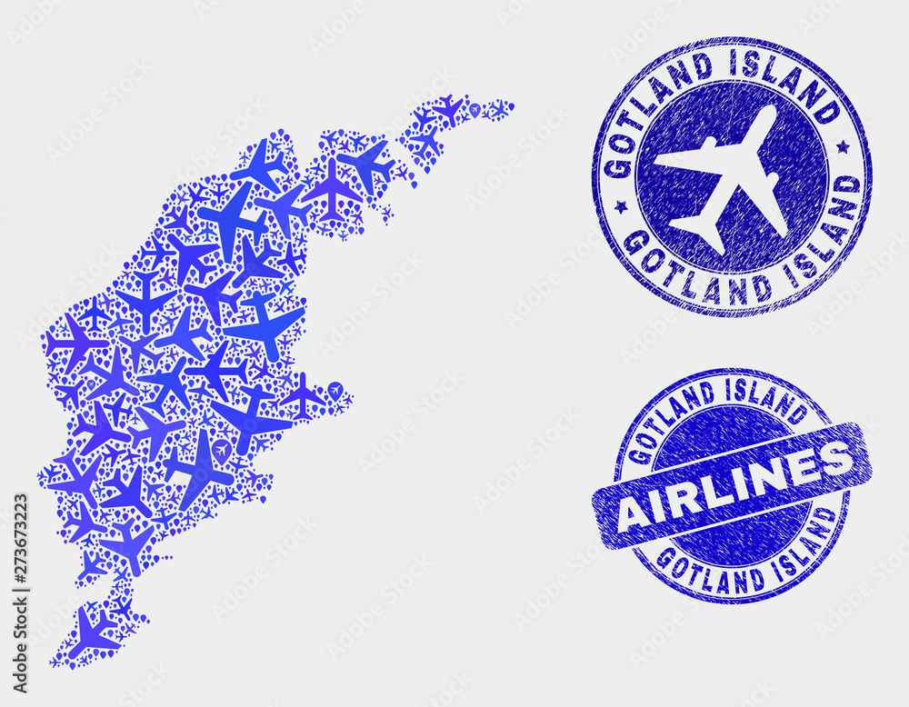 Aircraft vector Gotland Island map composition and grunge seals ...