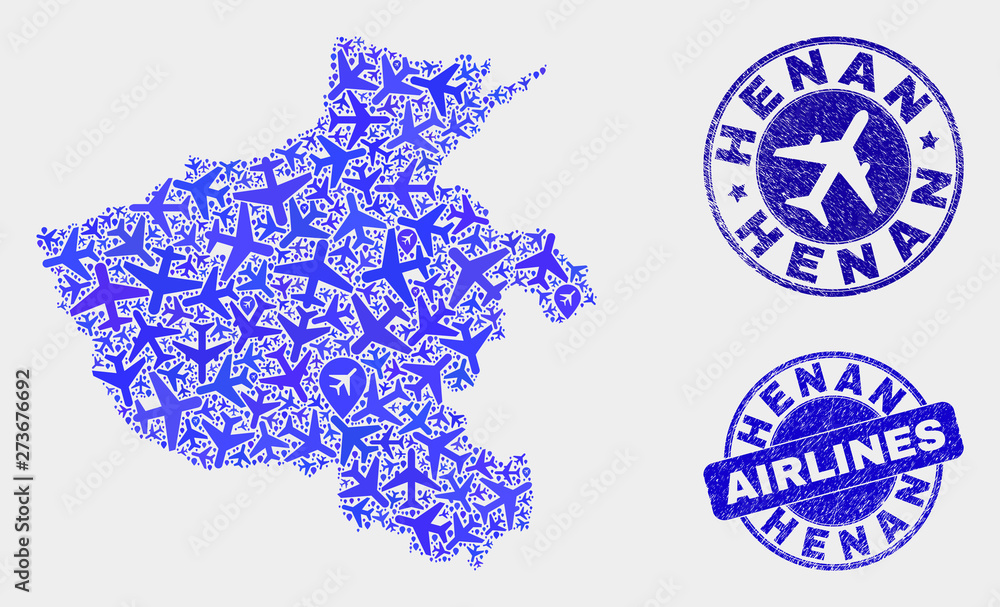 Airplane vector Henan Province map collage and grunge seals. Abstract ...