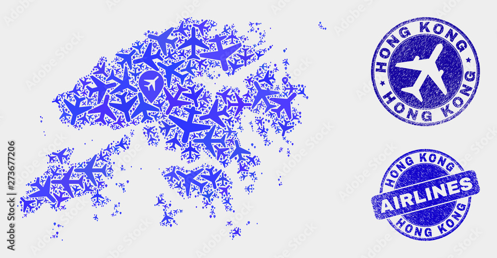 Air plane vector Hong Kong map collage and scratched watermarks ...