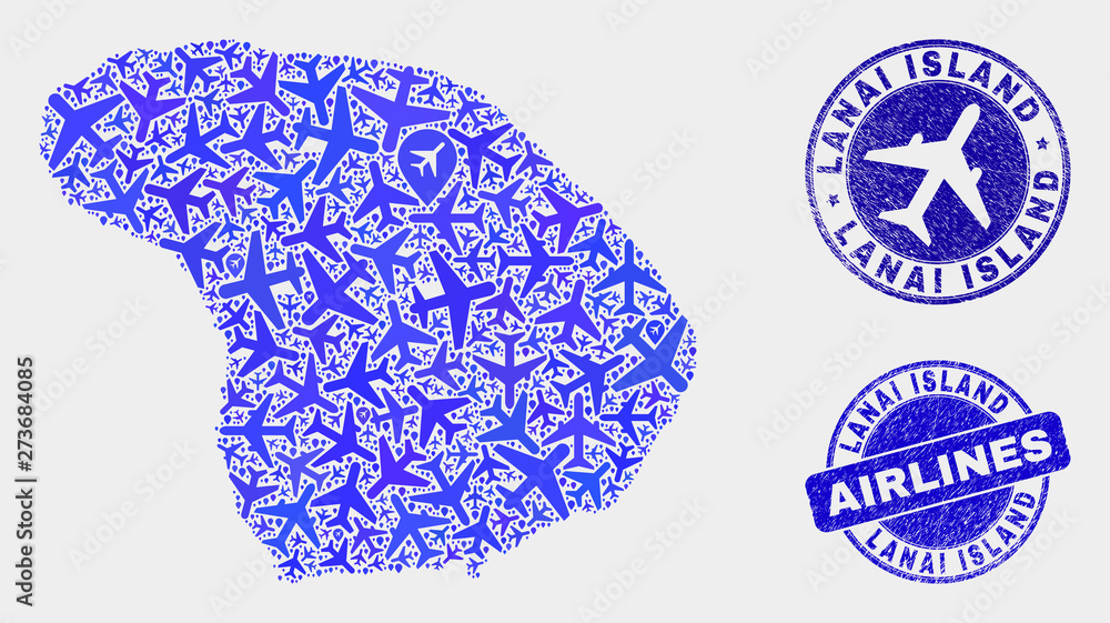 Airlines vector Lanai Island map collage and scratched watermarks ...