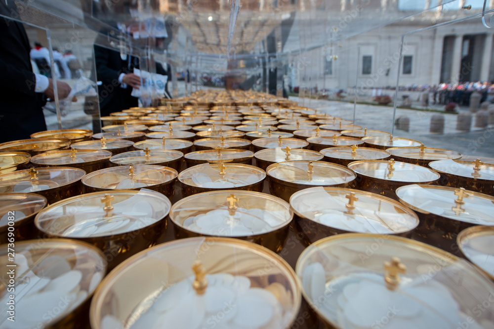 Vatican city, June 08, 2019: Priests preparing ciborium of the holy ...