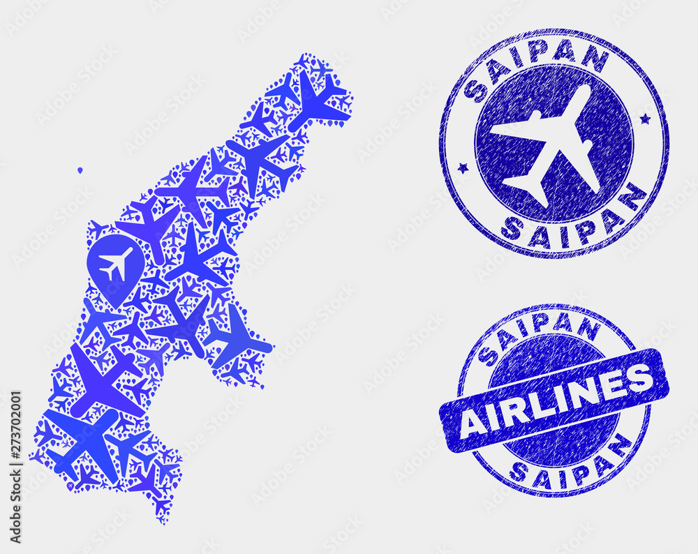 Air plane vector Saipan Island map collage and grunge stamps. Abstract ...
