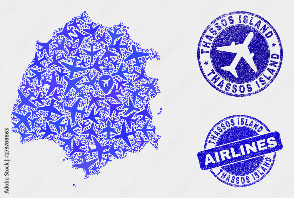 Airplane vector Thassos Island map collage and scratched seals ...
