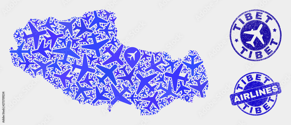 Aircraft vector Tibet map collage and scratched seals. Abstract Tibet ...