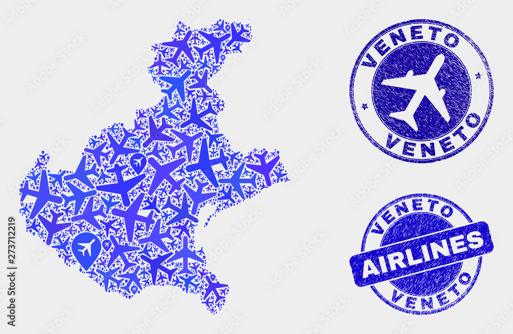 Airplane vector Veneto region map collage and grunge seals. Abstract ...