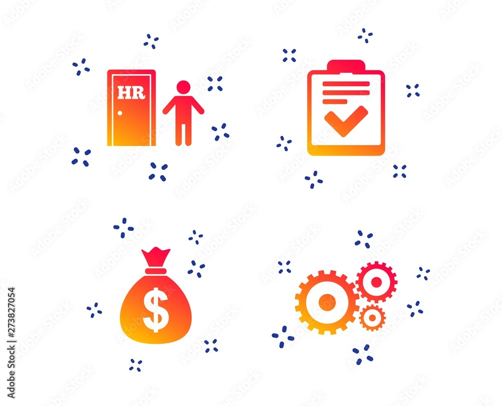 Human resources icons. Checklist document sign. Money bag and gear ...
