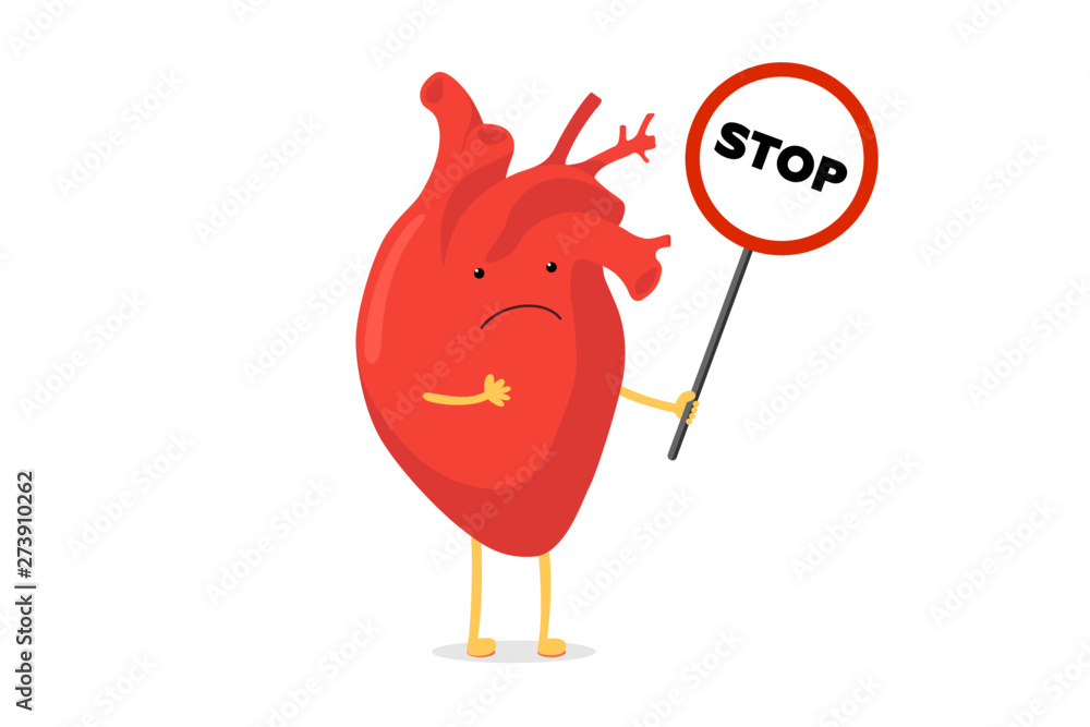 Cartoon human anatomical heart character unhealthy sick emoji sad ...
