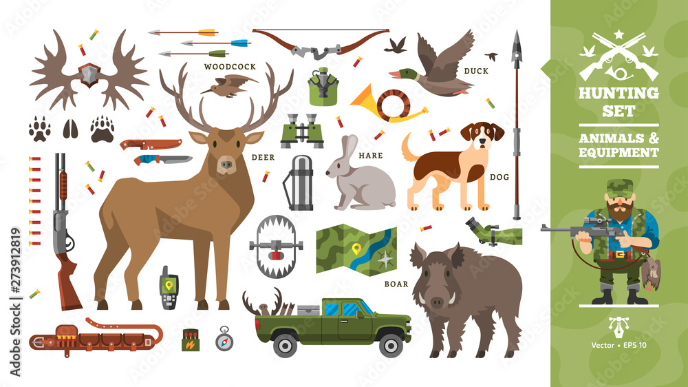 Hunting set with flat character hunter, wild forest animals and ...