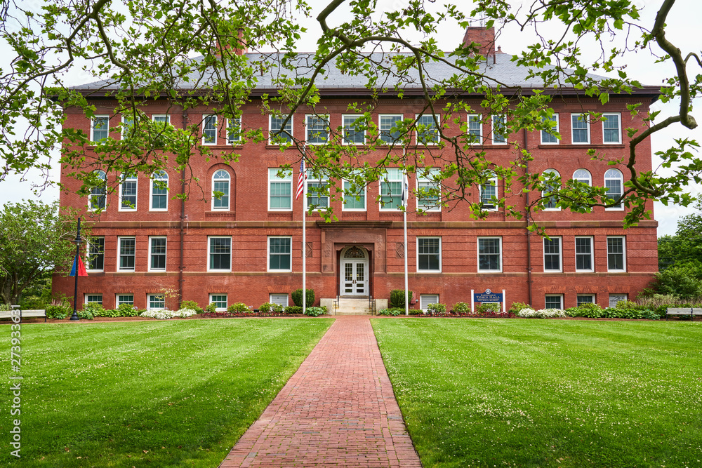 red brick Romanesque Revival building that is the Barnstable Town Hall ...