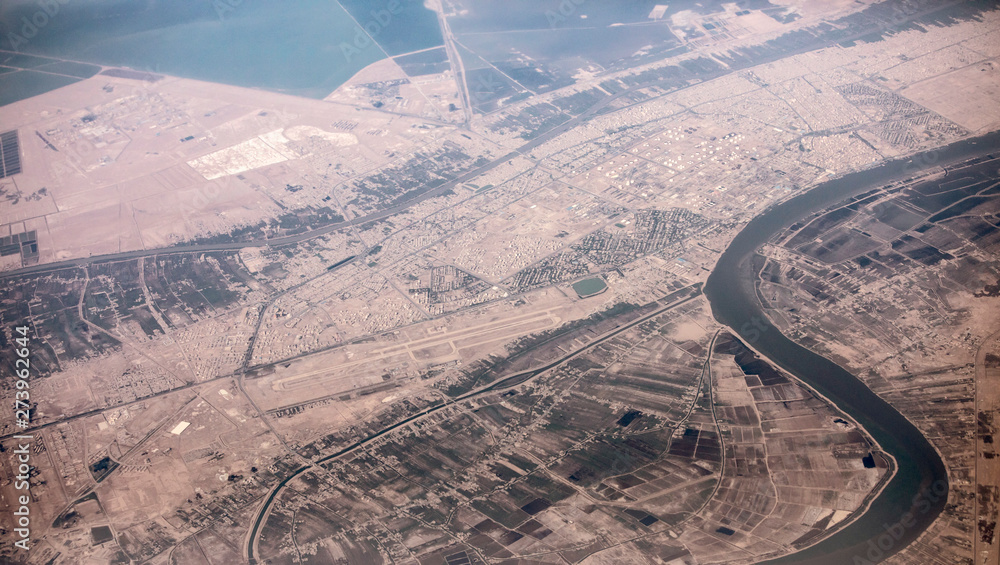 Aerial view of the Iran and Iraq border along the confluence of the ...