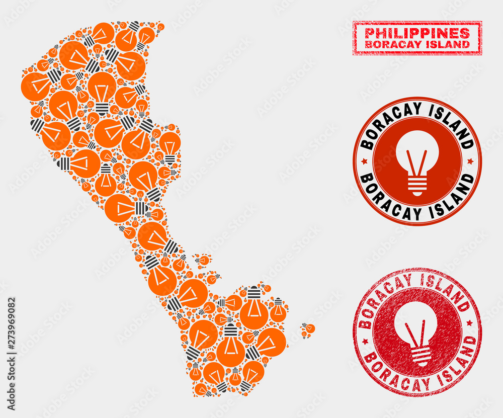 Electrical lamp mosaic Boracay Island map and rubber round stamp seals ...