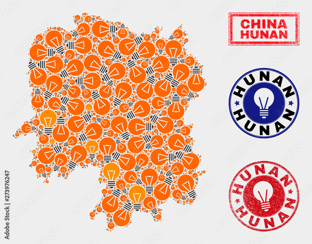 Power bulb mosaic Hunan Province map and grunge rounded watermarks ...