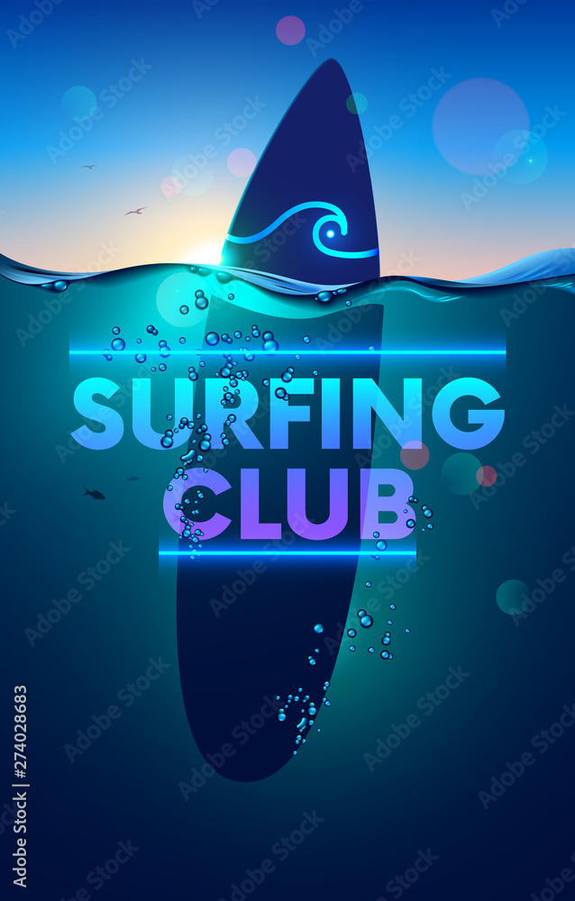 Surfing club vertical banner or background. surfboard underwater in sea ...