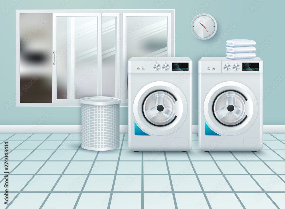 Vector Background with 3d Realistic Modern White Steel Washing Machine ...