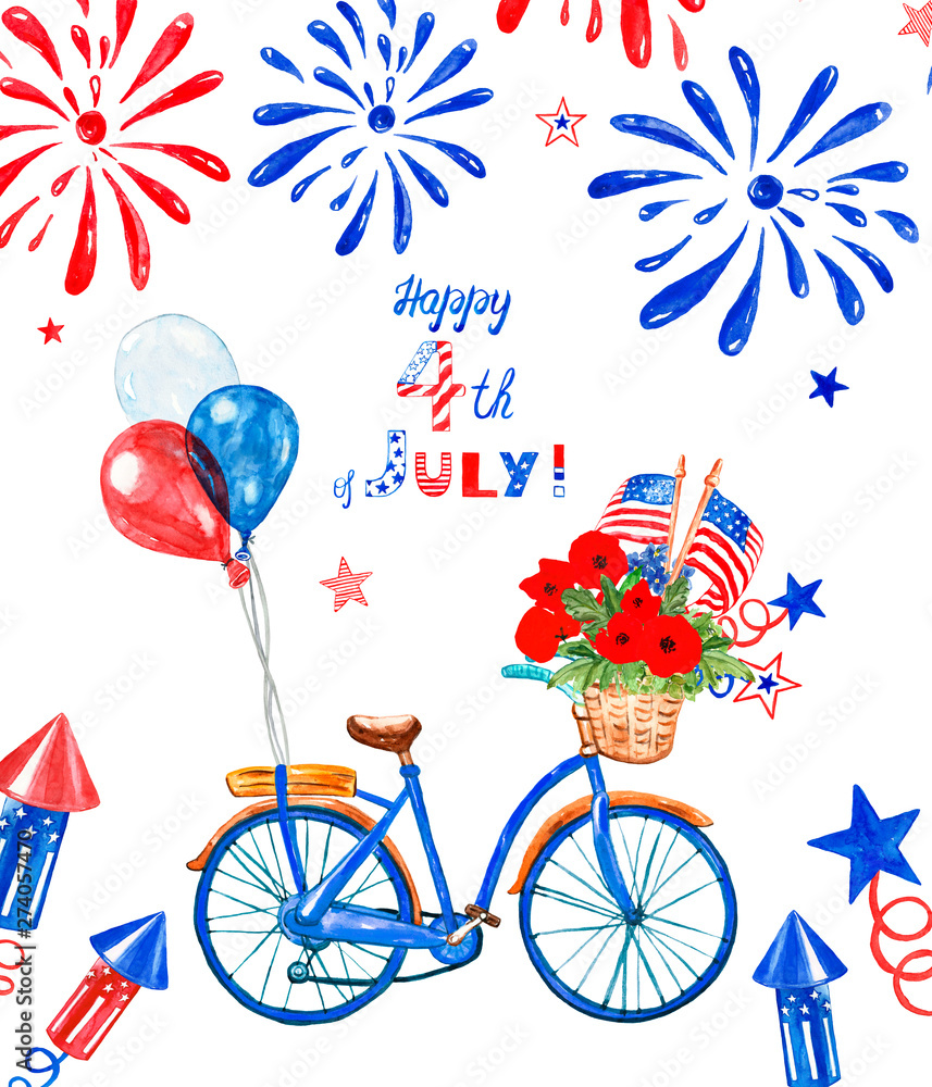 4th of july patriotic bicycle. Watercolor blue bike with US flags, red ...