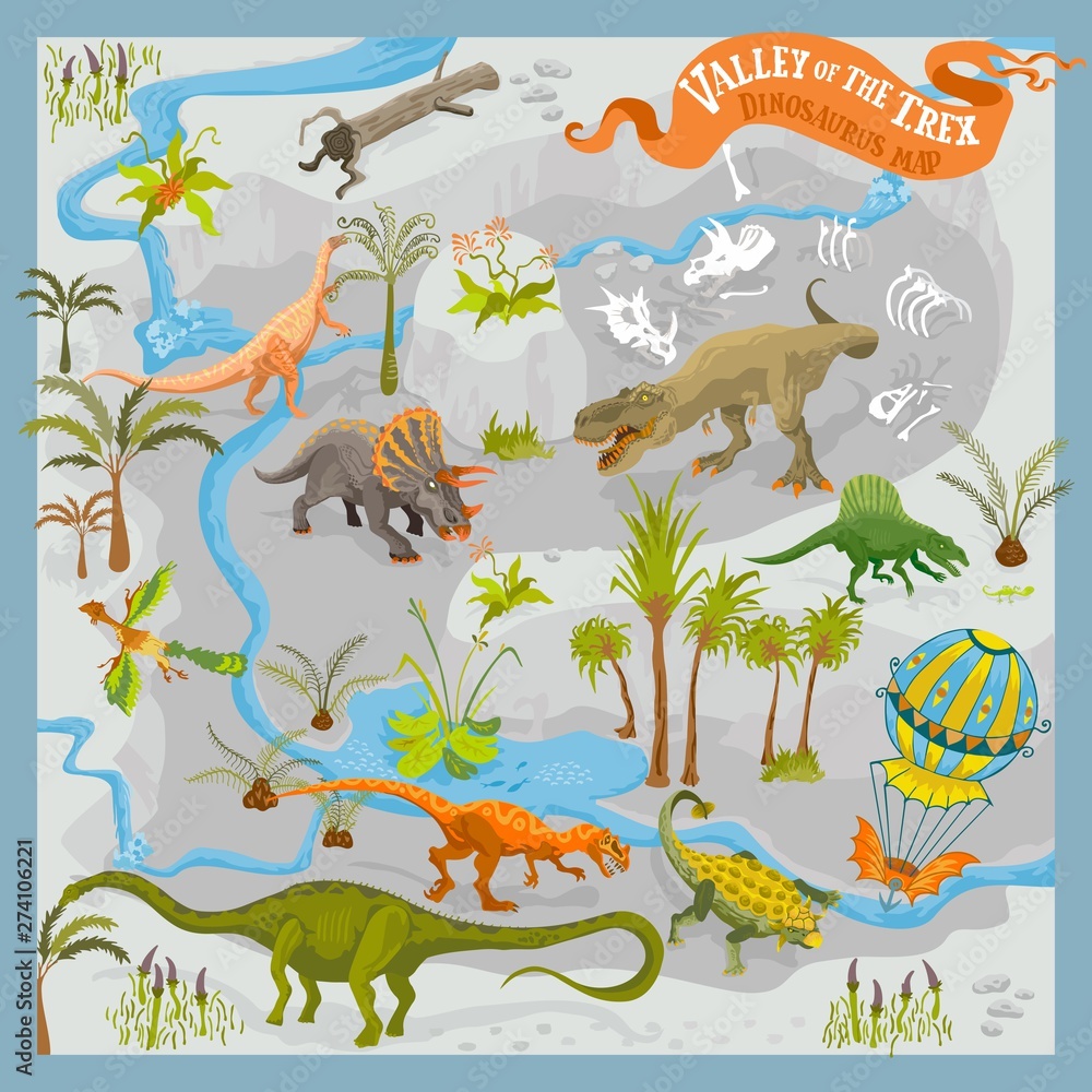 Dinosaurs valley fantasy map scene of ancient paleontological world and ...