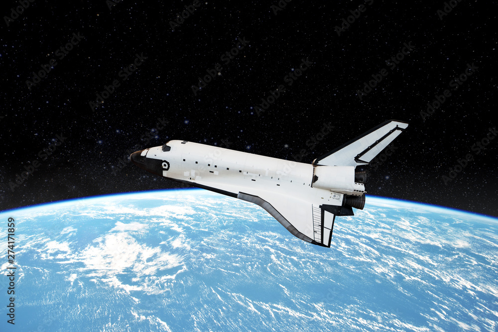 Space shuttle orbiting in a space over the earth planet and starry ...