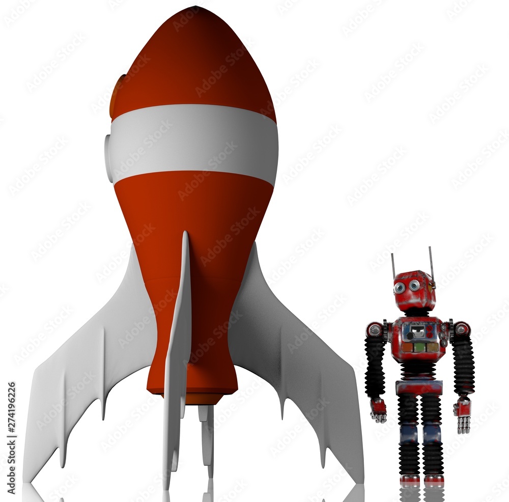 retro robot with a rocket,render, 3d. Stock Illustration | Adobe Stock