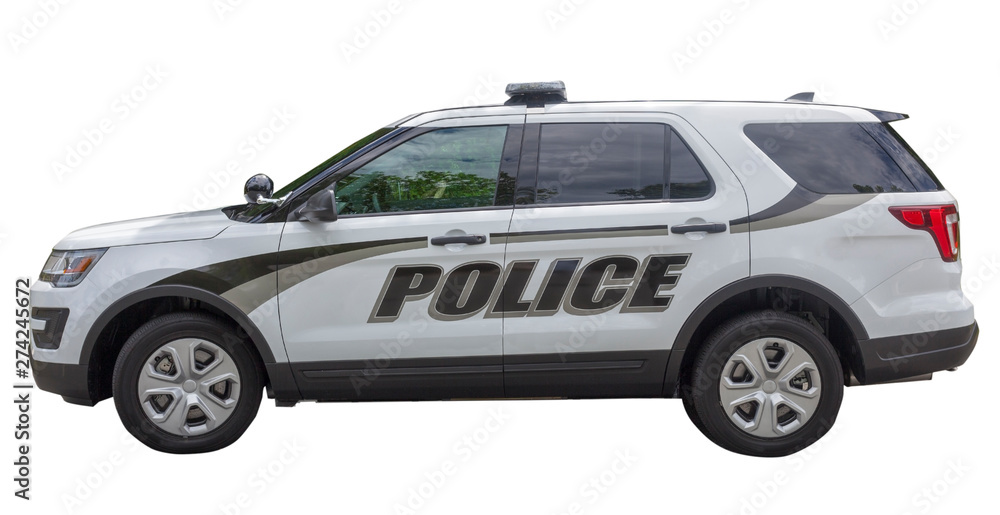 Side view of isolated black and white police sport utility vehicle ...