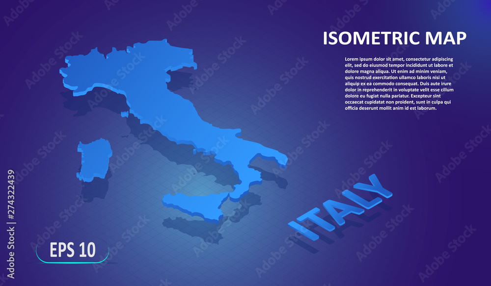 Isometric map of the ITALY. Stylized flat map of the country on blue ...