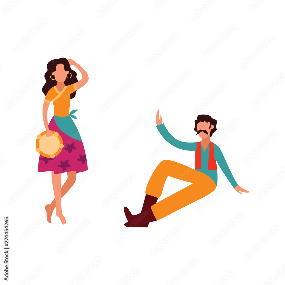 Gypsy woman with tambourine dance, beautiful female cartoon character ...