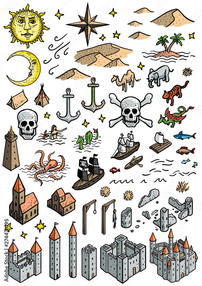 Fantasy map elements illustration, drawing, engraving, ink, line art ...