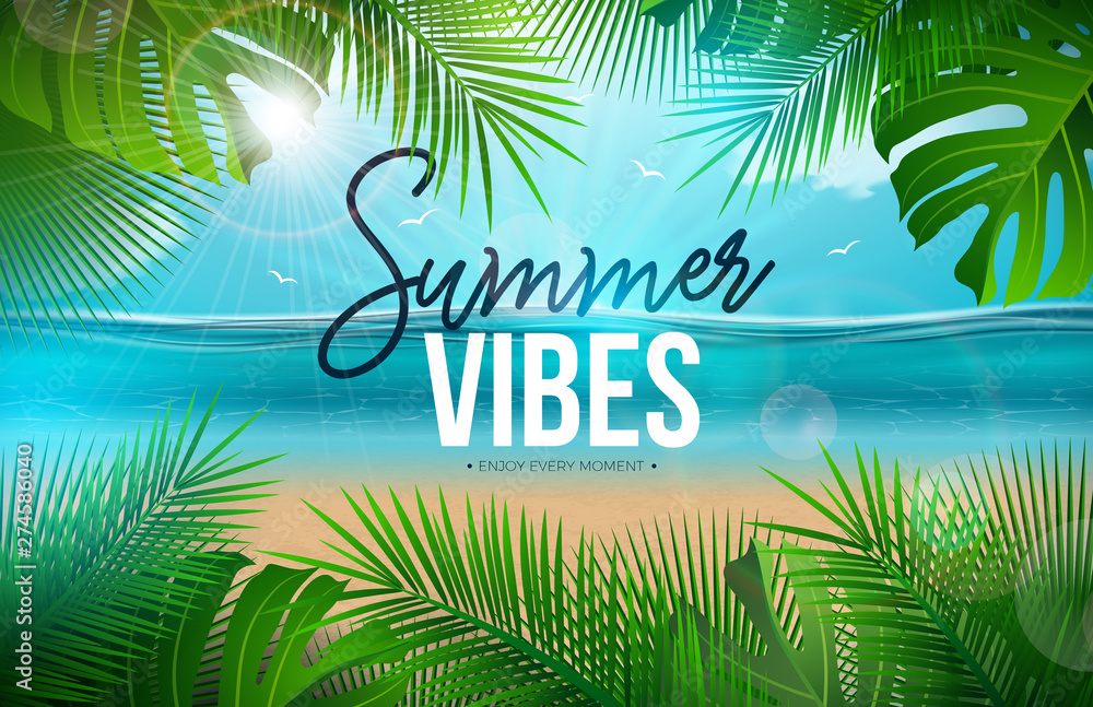 Vector de Stock Vector Summer Vibes Illustration with Palm Leaves and ...