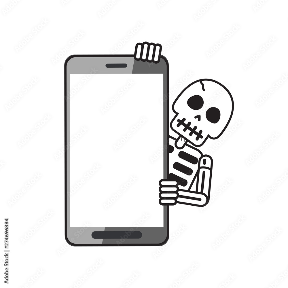 Cartoon vector character skeleton with smartphone for design. Stock ...
