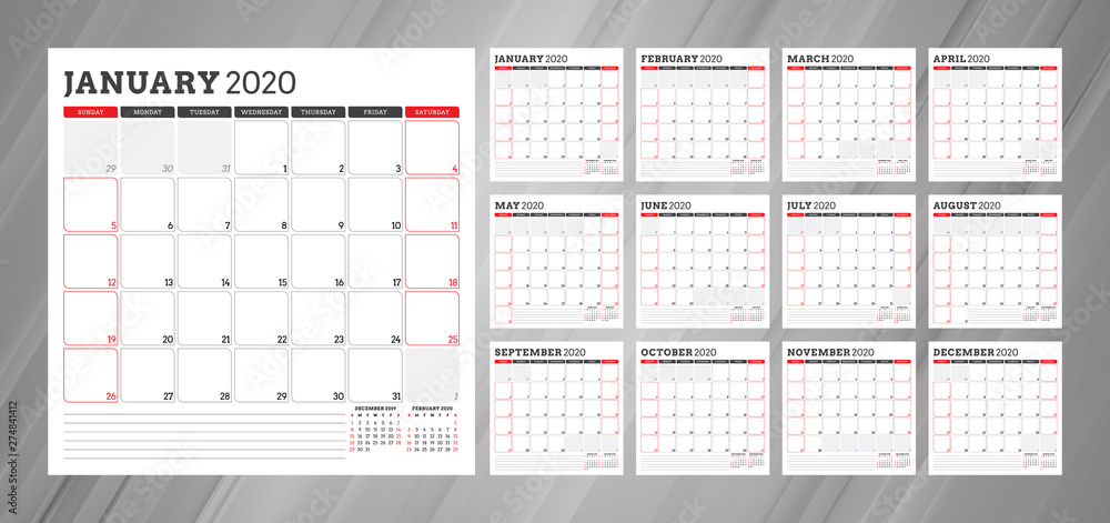 Calendar planner for 2020 year. Week starts on Monday. Set of 12 months ...