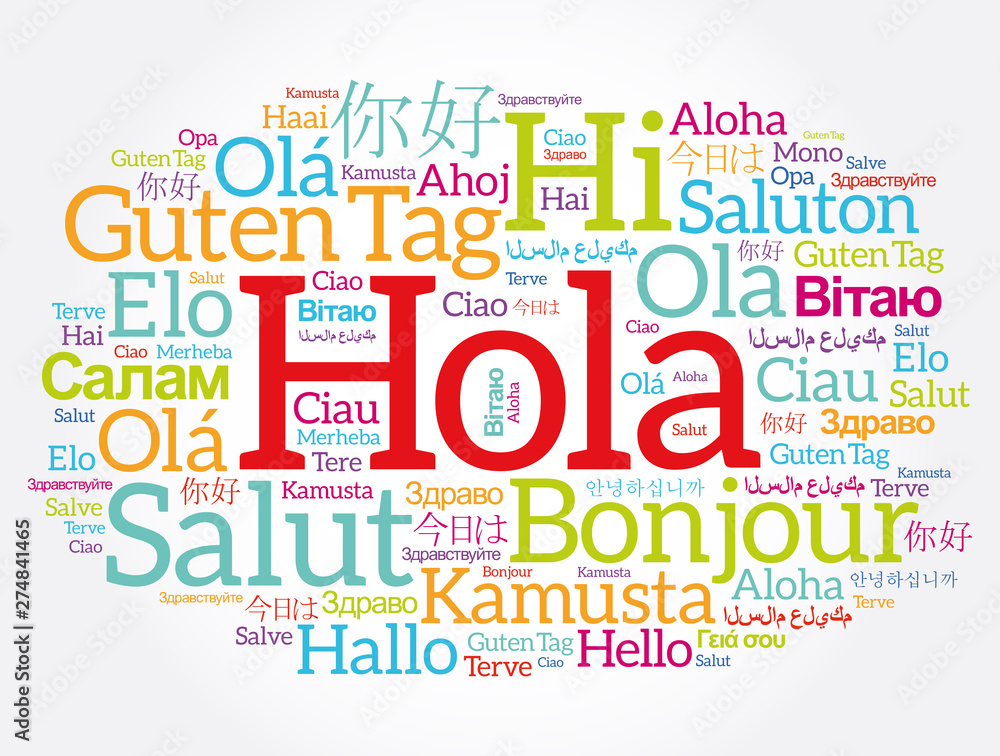 Hola (Hello Greeting in Spanish) word cloud in different languages of ...