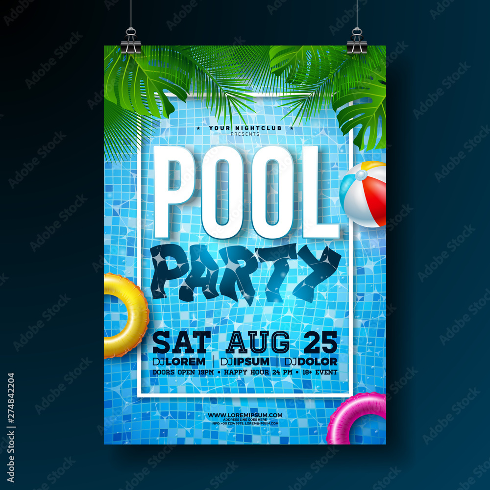 Summer pool party poster design template with palm leaves, water, beach ...