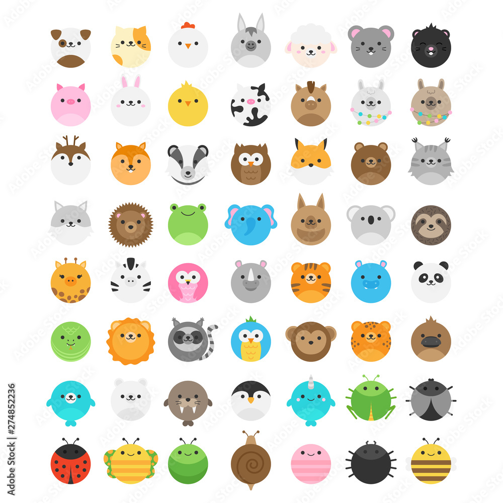 Round animal vector illustration collection. Big set of cute animal ...
