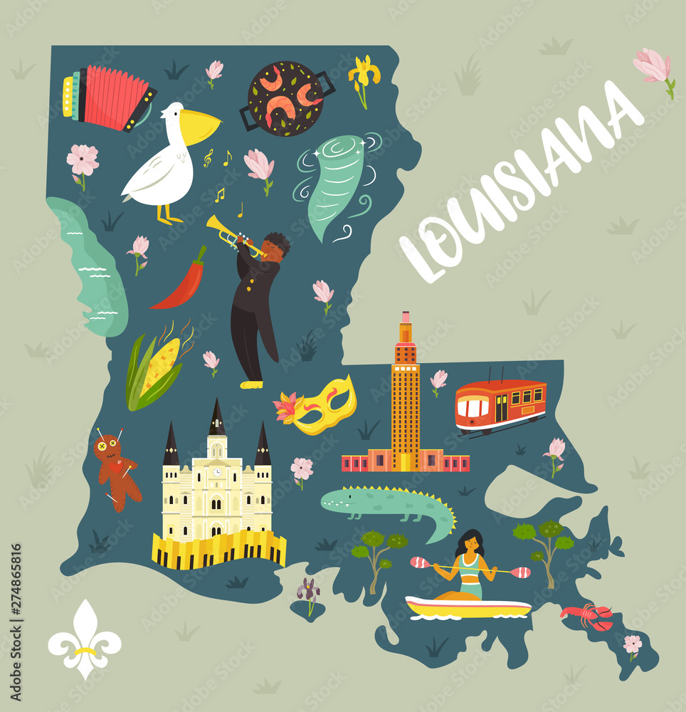 Vektor Louisiana Cartoon map with landmarks and symbols ve službě Stock ...