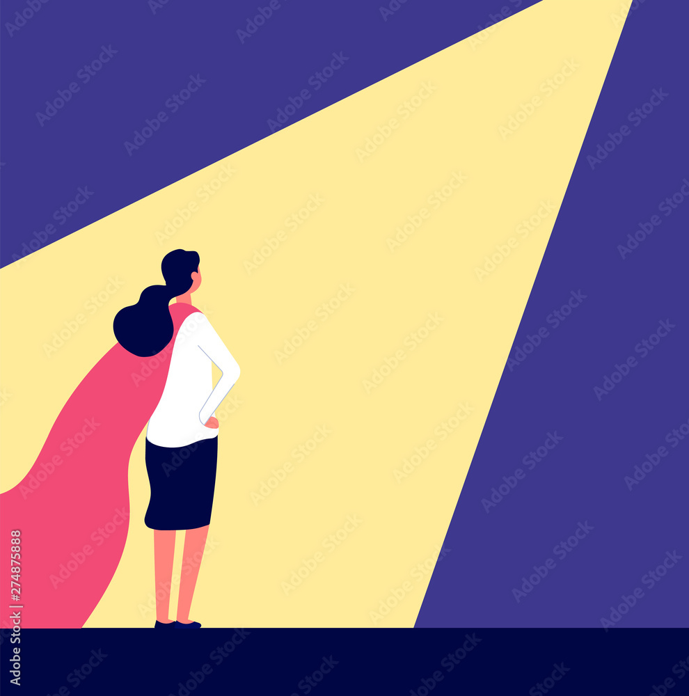 Superwoman. Woman in red cape in spotlight, candidate choosing and ...